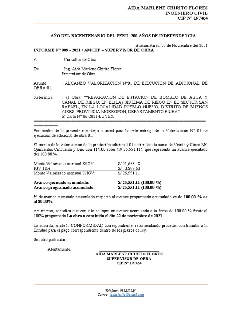 Informe 009 - 2021 - Alcanzo Val 01 - Ad 01 | PDF | América del Sur