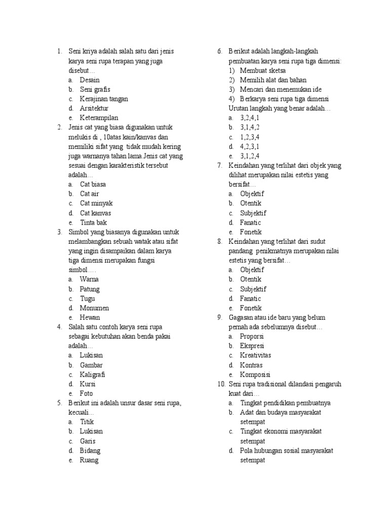 Naskah Soal PTS Ganjil Seni Budaya Kelas 12 - 2021 | PDF