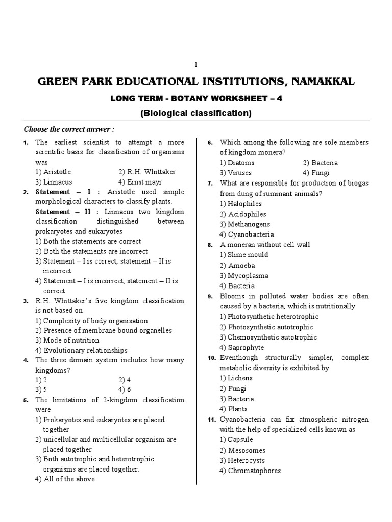 Worksheet - 4 - Biological Classification | PDF | Fungus | Protozoa