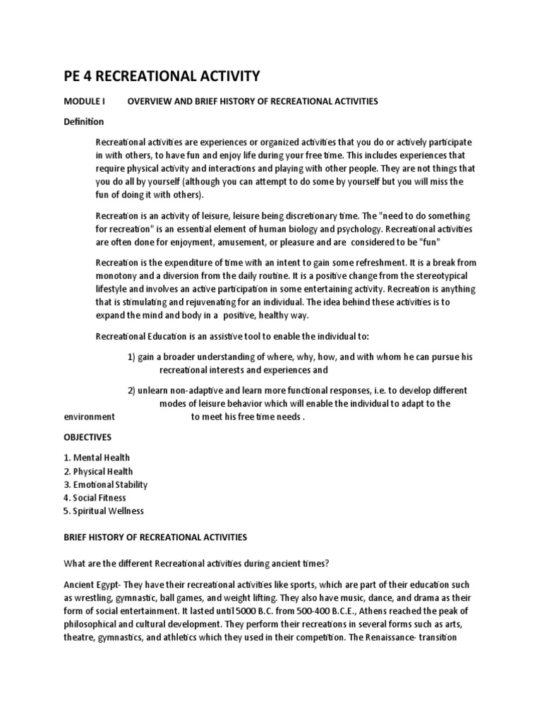 Module 1 Overview and Brief History of Recreational Activities | PDF ...