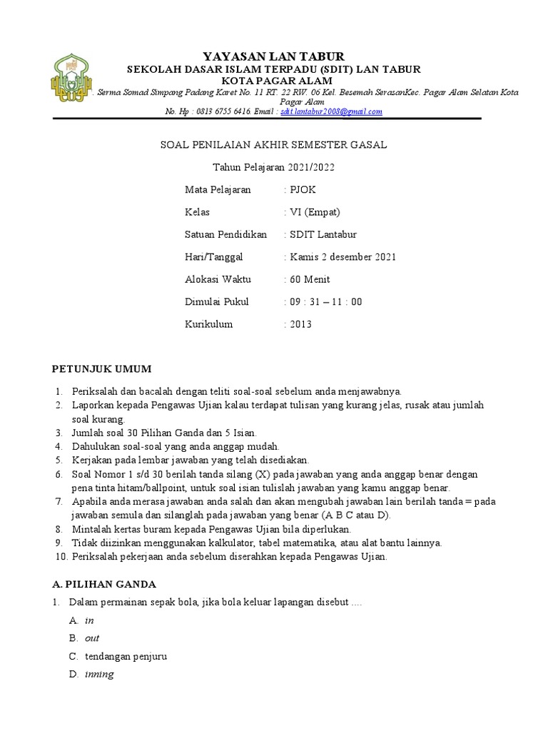 Soal PJOK Kls 4 Semester 1 | PDF