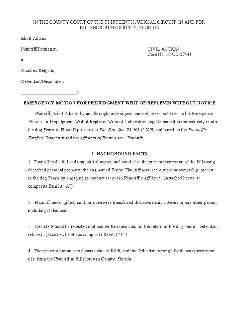 Emergency Motion For Prejudgment Writ of Replevin Without Notice | PDF ...