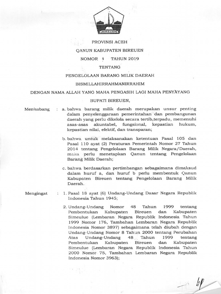 Qanun No 1 Tahun 2019 Kab. Bireun | PDF