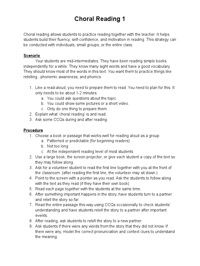 Choral Reading Strategies for Grade 1 | PDF