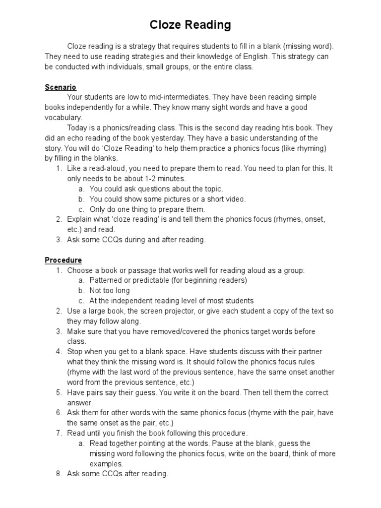 Cloze Reading | PDF