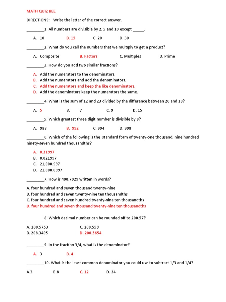 MATH QUIZ BEE With Answer | Download Free PDF | Lexicology | Notation