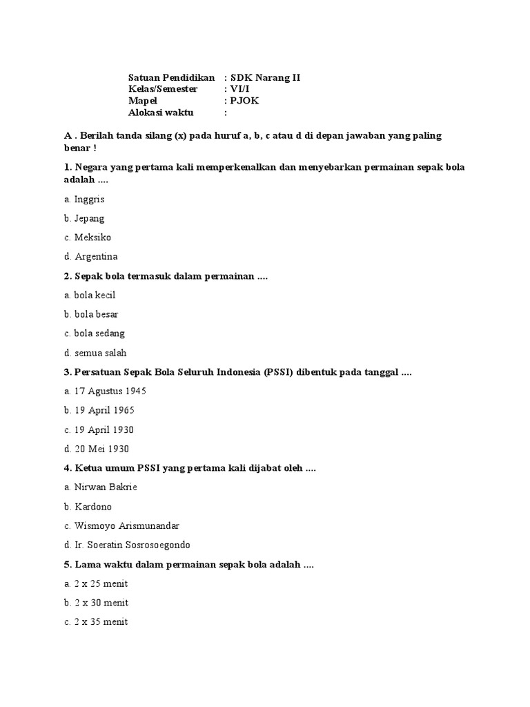 Soal Ujian Mid PJOK Kelas VI Semester I | PDF