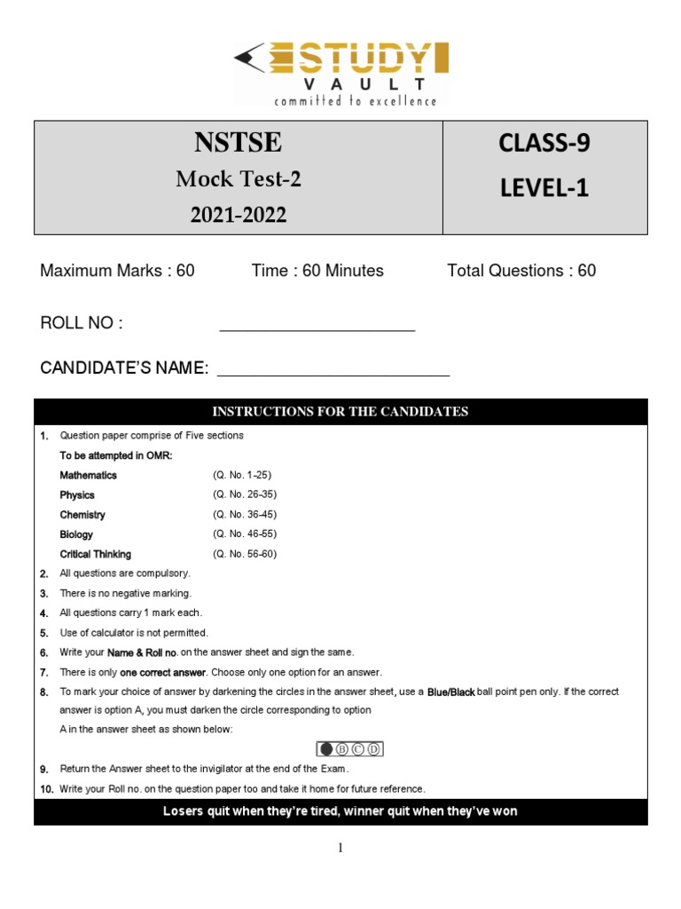 NSTSE Class 9 Mock Test Paper 2021-22 | PDF | Atoms | Force