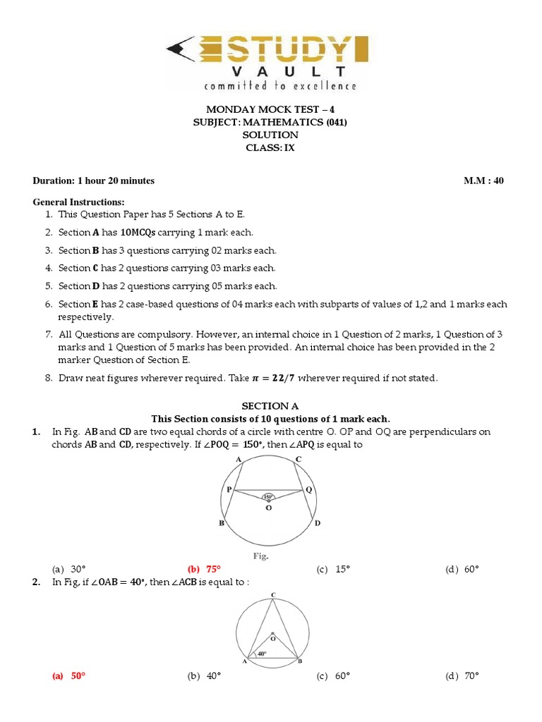 IX Monday Test-4 Mathematics Solution (GGN) - 2 | PDF | Area | Circle