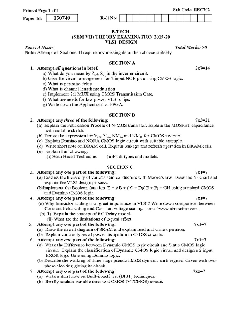 Btech Ec 7 Sem Vlsi Design Rec702 2020 | PDF