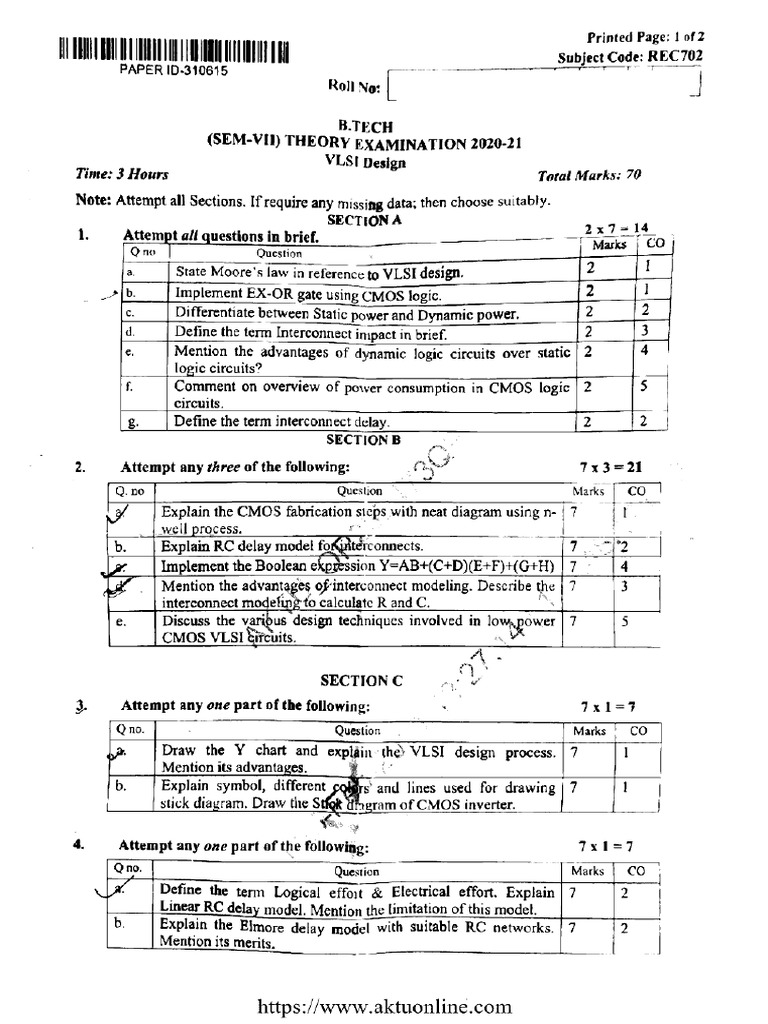 Btech Ec 7 Sem Vlsi Design Eec703 2021 | PDF