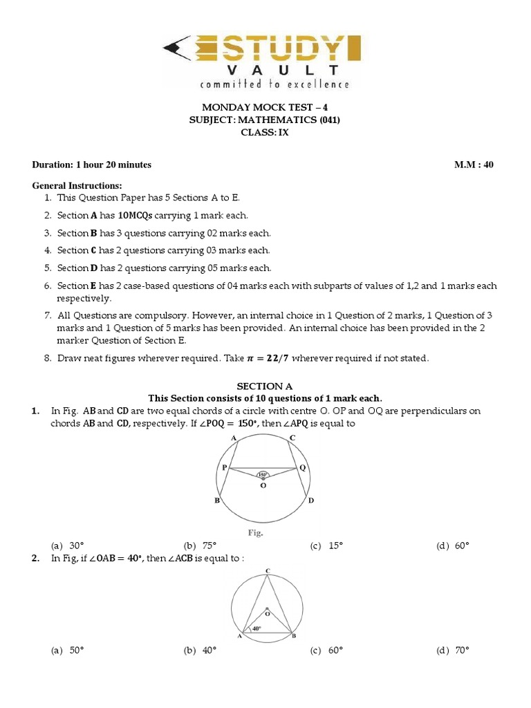 Ix Monday Test 4 Mathematics Ggn Pdf Circle Area