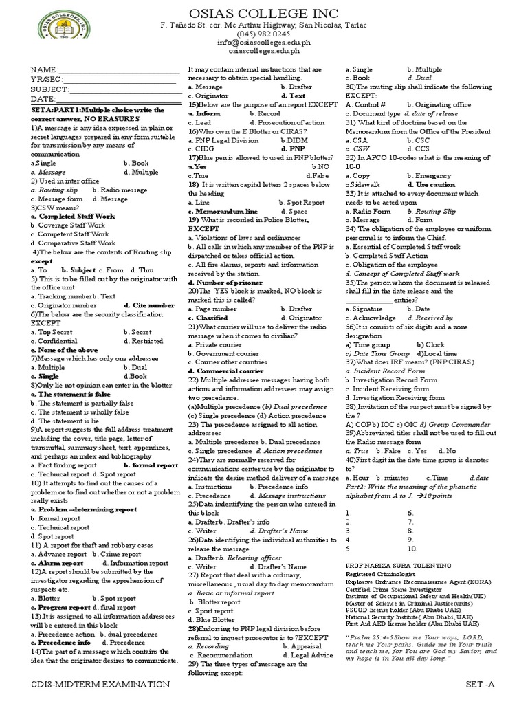 Osias College Midterm Exam Set A | PDF | Classified Information | Crimes