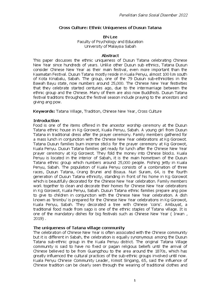 Cross Cultural Ethnic Uniqueness of Dusun Tatana | PDF