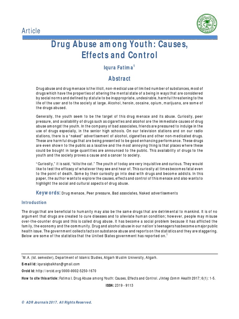 Drug Abuse Among Youth: Causes, Effects and Control: Article | PDF