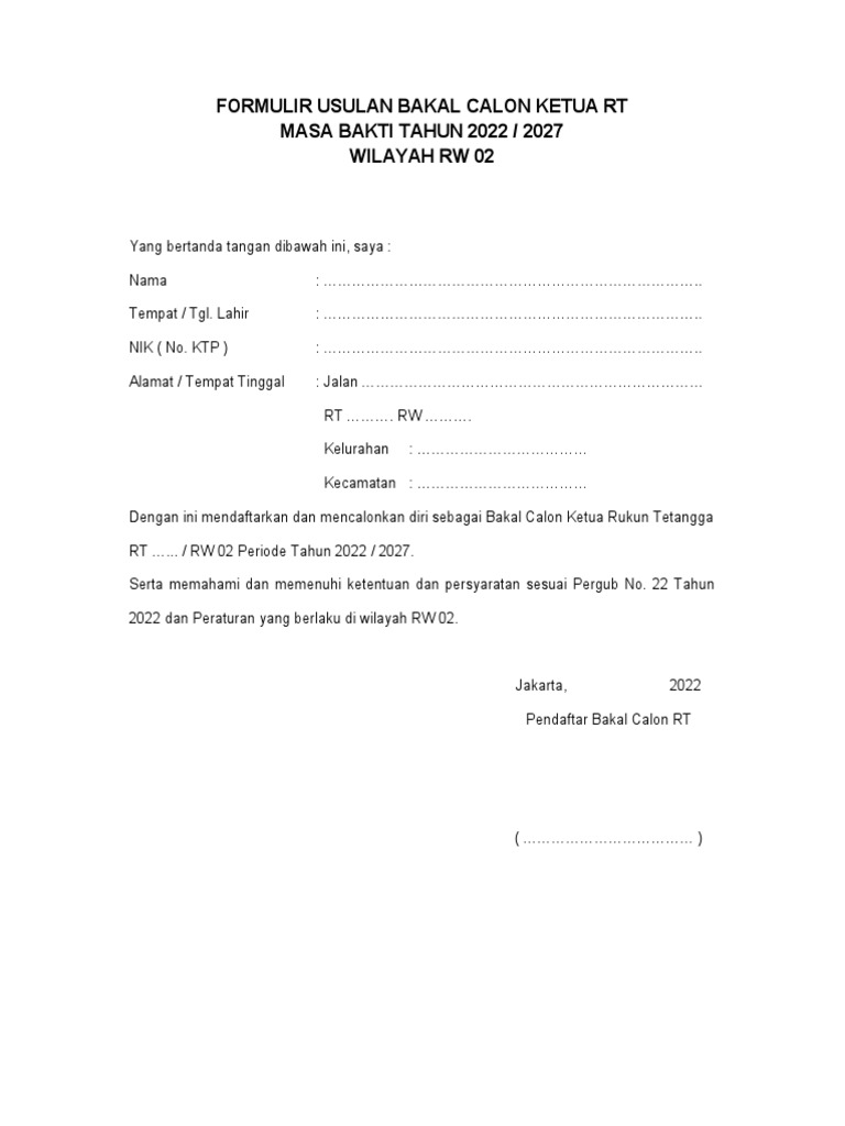 Formulir Pendaftaran Bakal Calon RT - RW 02 | PDF