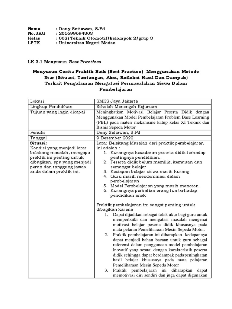 LK 3.1 Menyusun Best Practices Dony Setiawan | PDF | Karier & Perkembangan