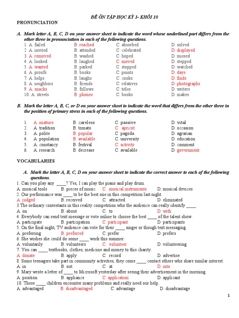 Khoi 10 Hk1 Keys | PDF | Blues
