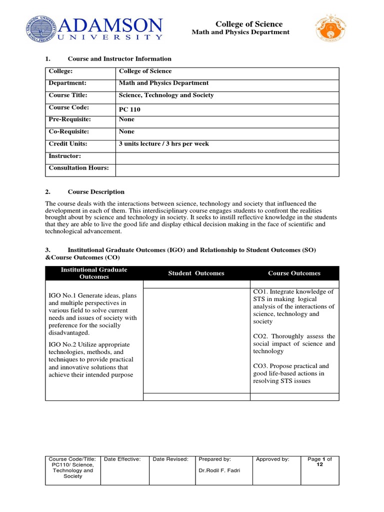 STS OBE Syllabus 2020 | PDF | Science | Biodiversity STS OBE Syllabus 2020 | PDF | Science | Biodiversity