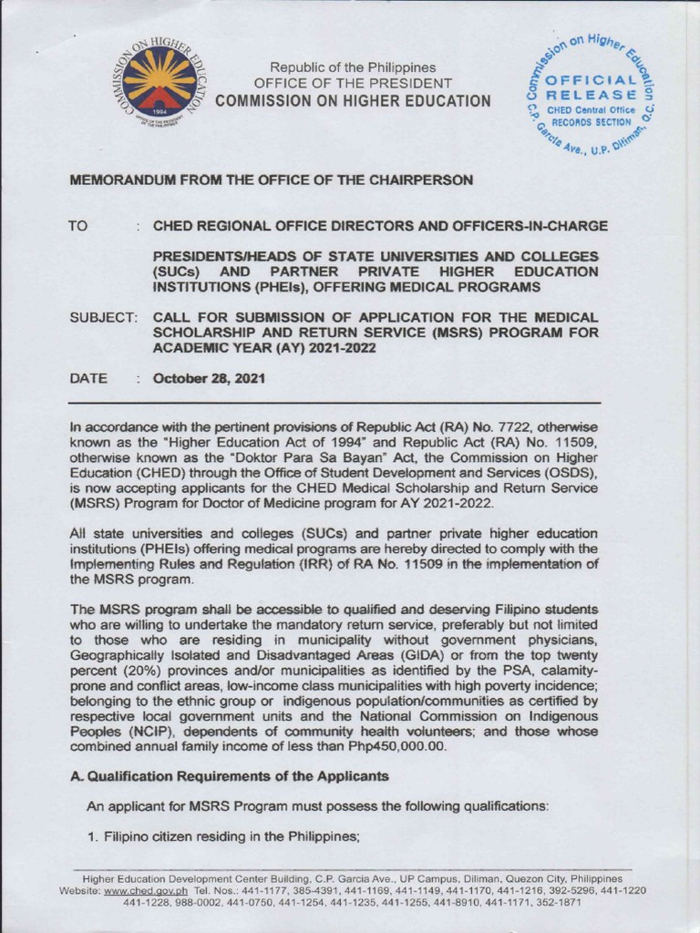 Medical Scholarship and Return Service MSRS Program For Academic Year ...