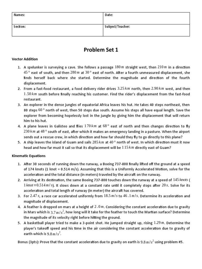 Problem Set 1 - Vector Addition and Kinematic Equations | PDF | Acceleration | Speed