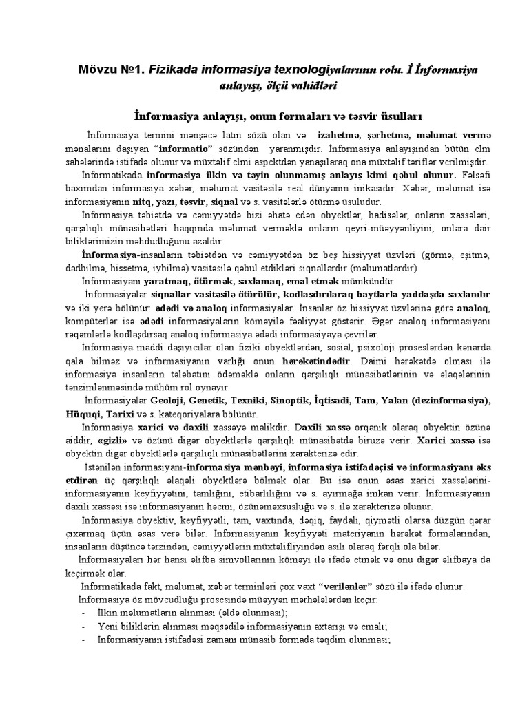 Mövzu 1. Fizikada Informasiya Texnologiyalarının Rolu. İ İnformasiya ...