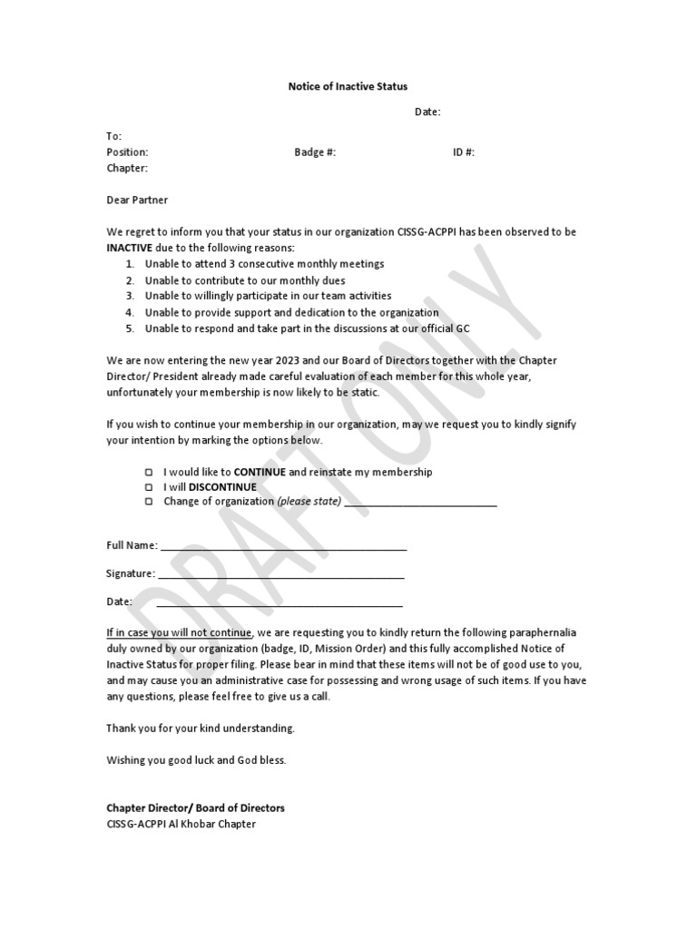 Notice of Inactive Status (Draft) | PDF