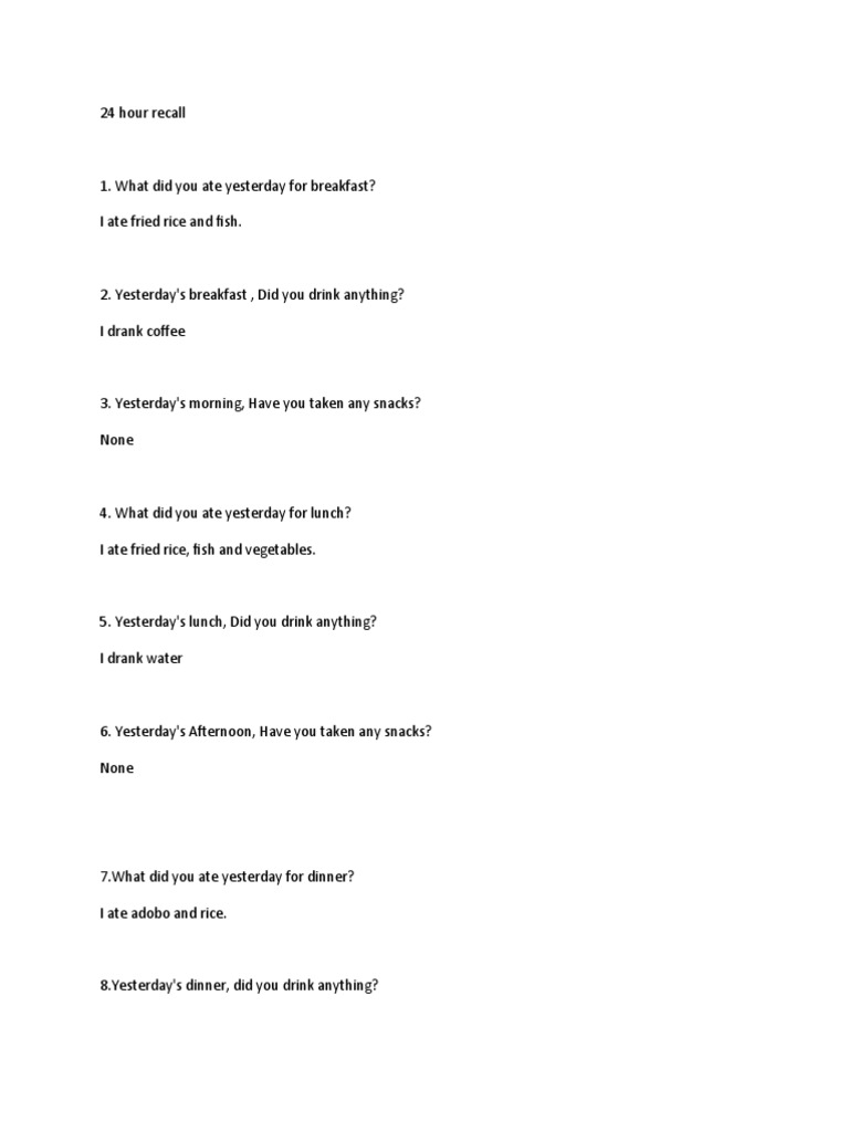 24 Hour Recall | PDF