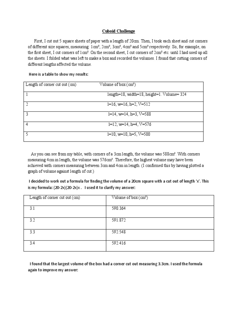 Cuboid Challenge: Finding Maximum Volume by Varying Corner Cut Size | PDF | Volume