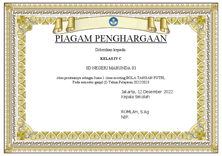 Piagam Pengahargaan Bola Tangan | PDF