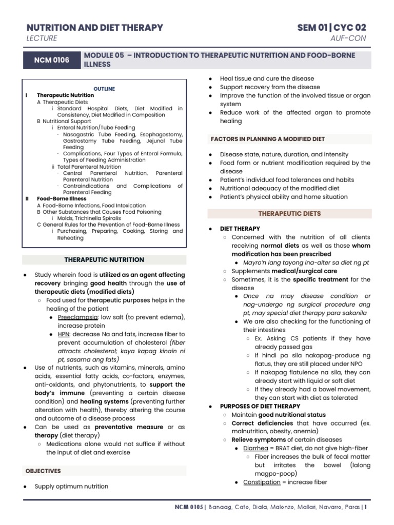 05 - LEC Introduction To Therapeutic Nutrition and Food Borne Illness | PDF | Diet & Nutrition ...