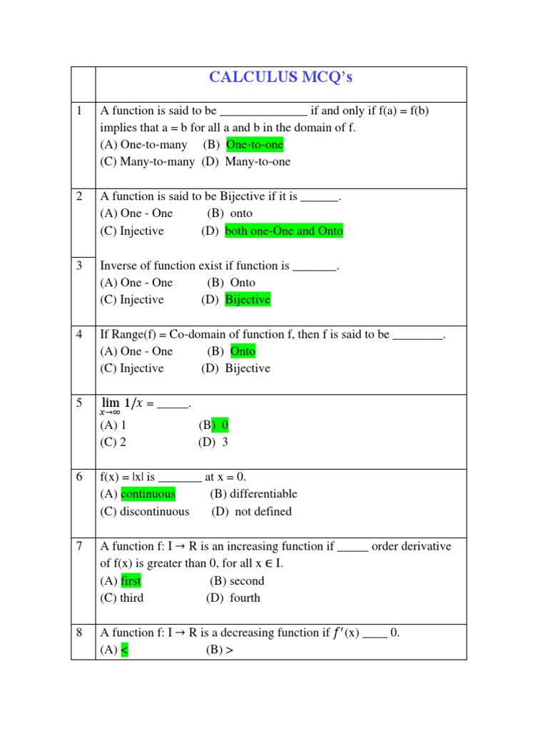 Calculus MCQ's | PDF | Function (Mathematics) | Integral