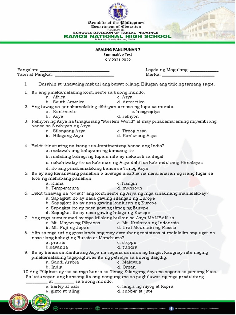 Summative-Assessment AP7 Q1 A4 | PDF