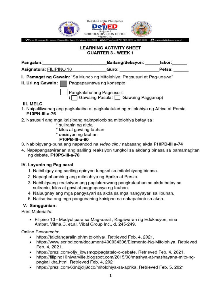 FIL 10 LAS Q3 WEEK 1 Learners | PDF