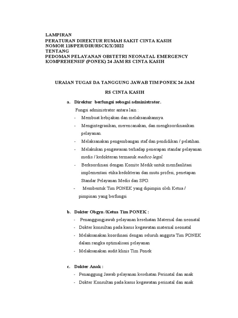 Uraian Tugas Dan Tanggung Jawab Tim PONEK RS Cinta Kasih | PDF