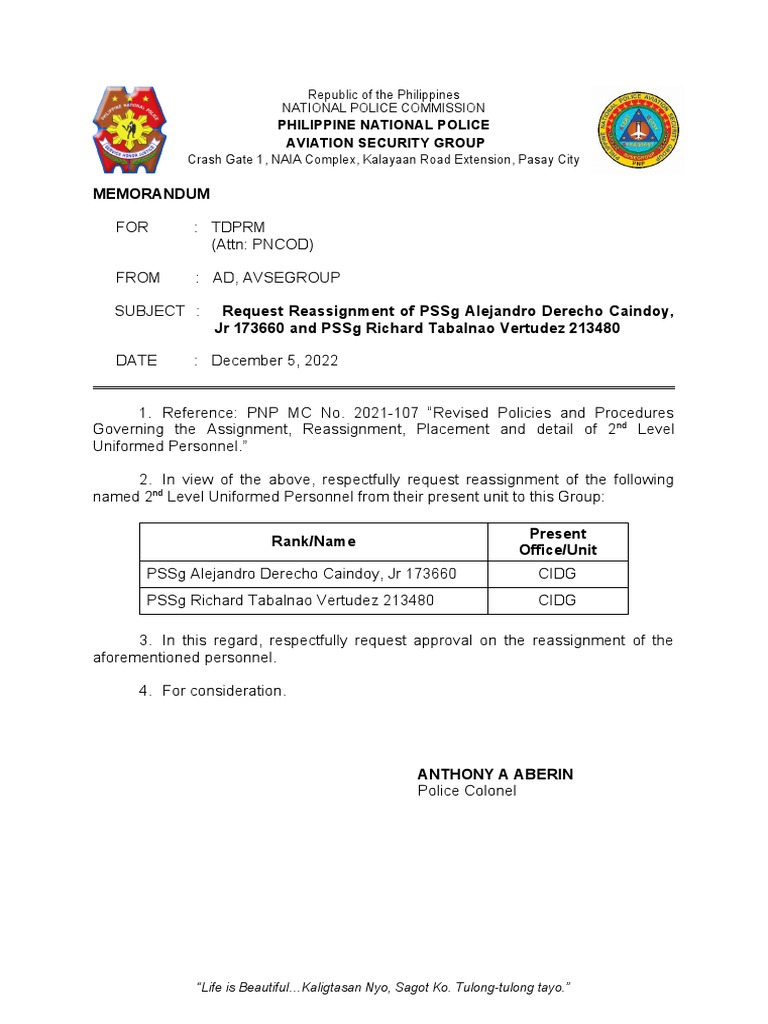 Request For Reassignment (PSSG Richard Tabalnao Vertudez and PSSG ...