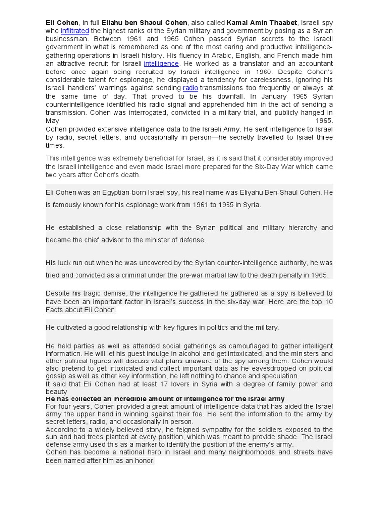 Eli Cohen | PDF | Espionage | National Security