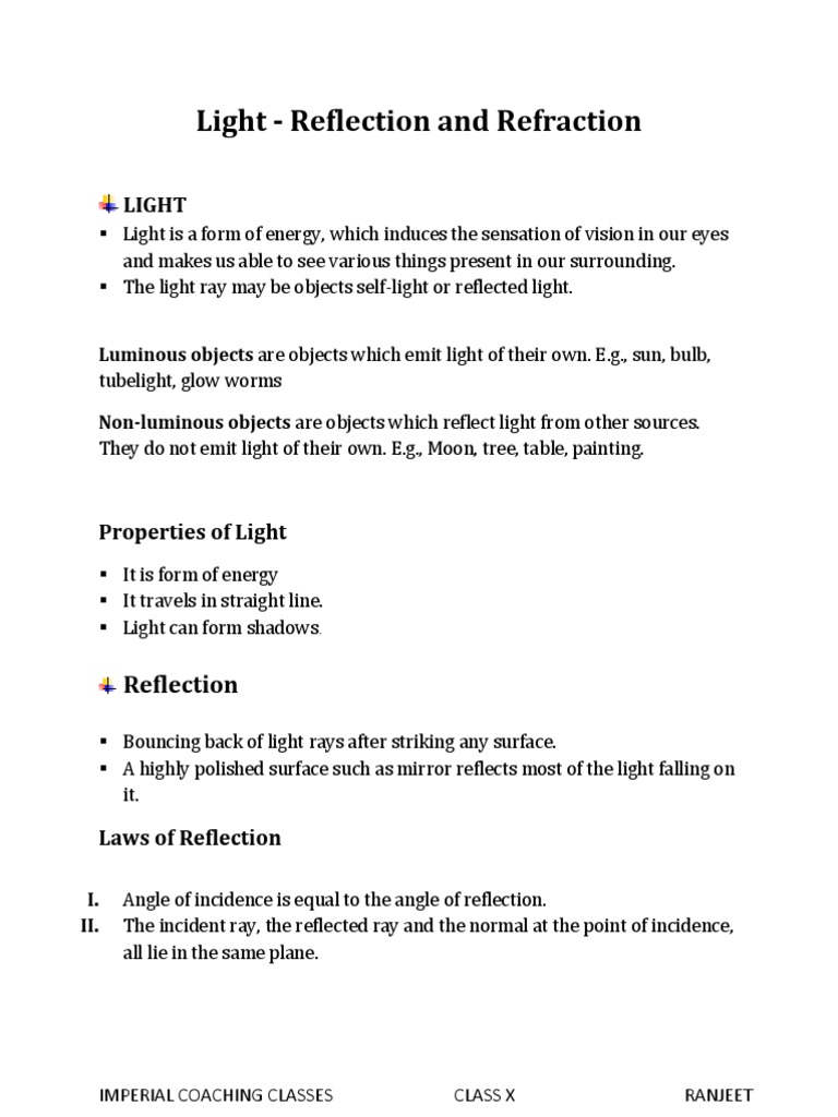 CLASS 10 LIGHT - REFLECTION Notes | PDF | Mirror | Sphere