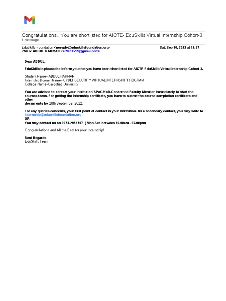 Gmail - Congratulations.... You Are Shortlisted For AICTE - EduSkills ...