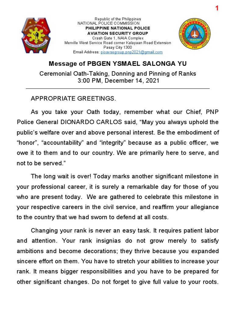 Message of PBGEN YU for the Ceremonial Oath-Taking, Donninf and Pinning ...