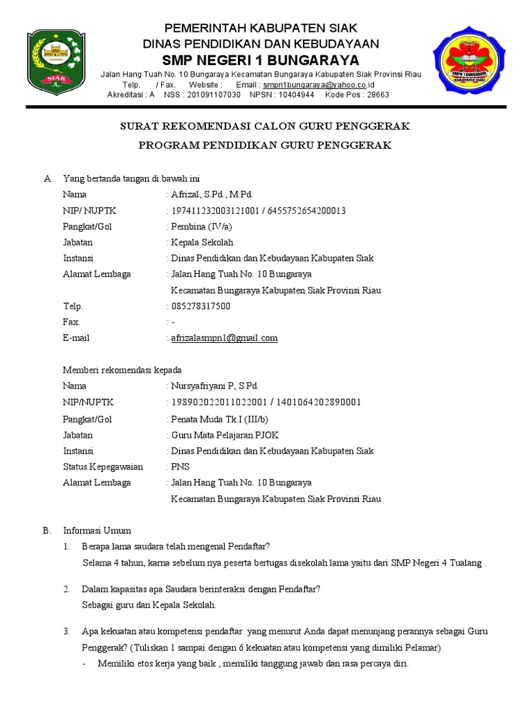 Surat Rekomendasi Calon Guru Penggerak | PDF