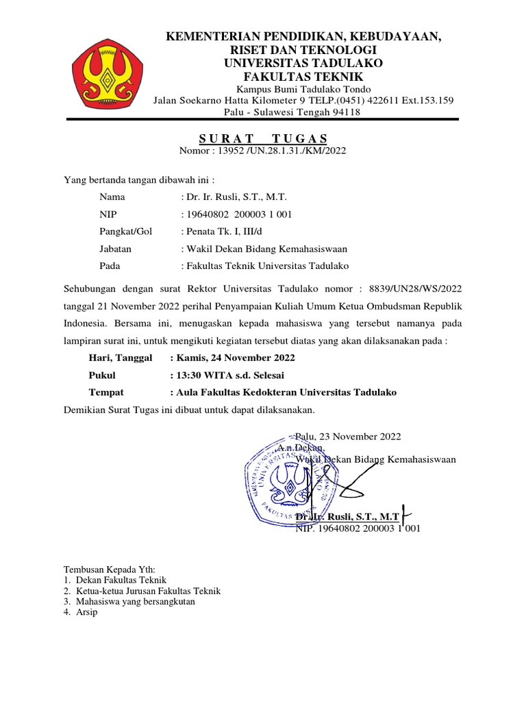 23-11-2022-Surat Tugas Kuliah Tamu Ombusdman | PDF | Sains & Matematika