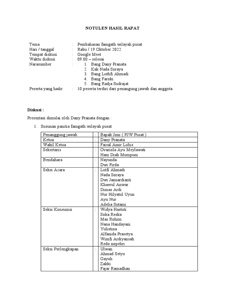 Notulen Hasil Rapat Famgath Pusat 19.10.2022 | PDF
