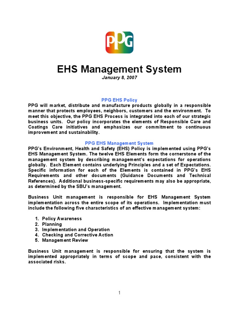 PPG EHS Management System Overview | PDF | Risk | Risk Assessment