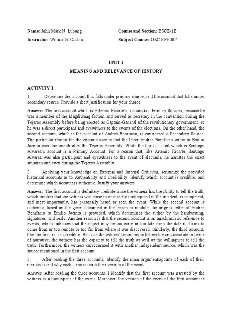 John Mar Unit 1 Activity 1 Gec RPH | PDF | Witness