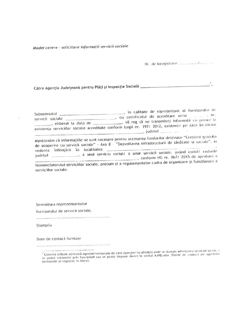 Model Cerere Solicitare Informatii Servicii Sociale | PDF