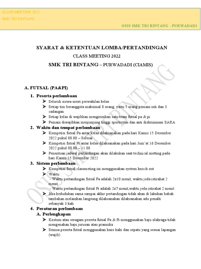 Syarat Lomba Futsal SMK Tri Bintang | PDF