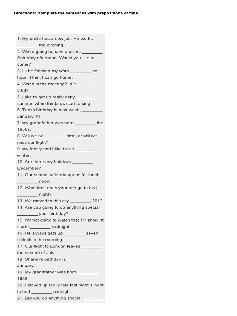 Directions: Complete The Sentences With Prepositions of Time | PDF