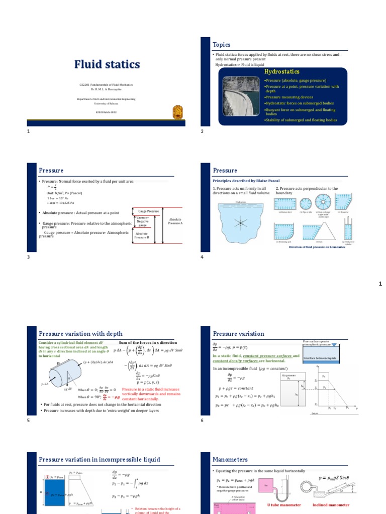 2-Fluid Statics-Lecture1 | PDF | Pressure | Pressure Measurement