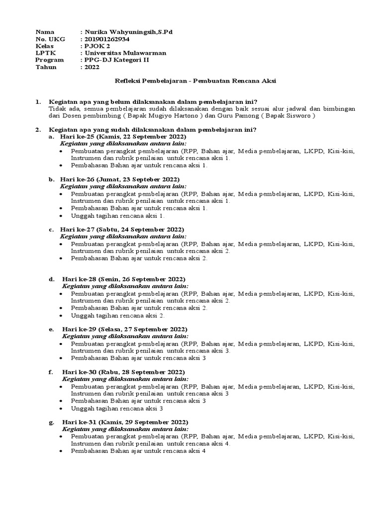 Refleksi Pembelajaran - Pembuatan Rencana Aksi | PDF